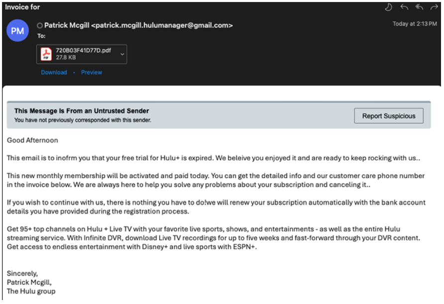 Mar 2024: Telephone-Oriented Attack Delivery (TOAD) Attacks Use Hulu+ Bundles | UCSF IT